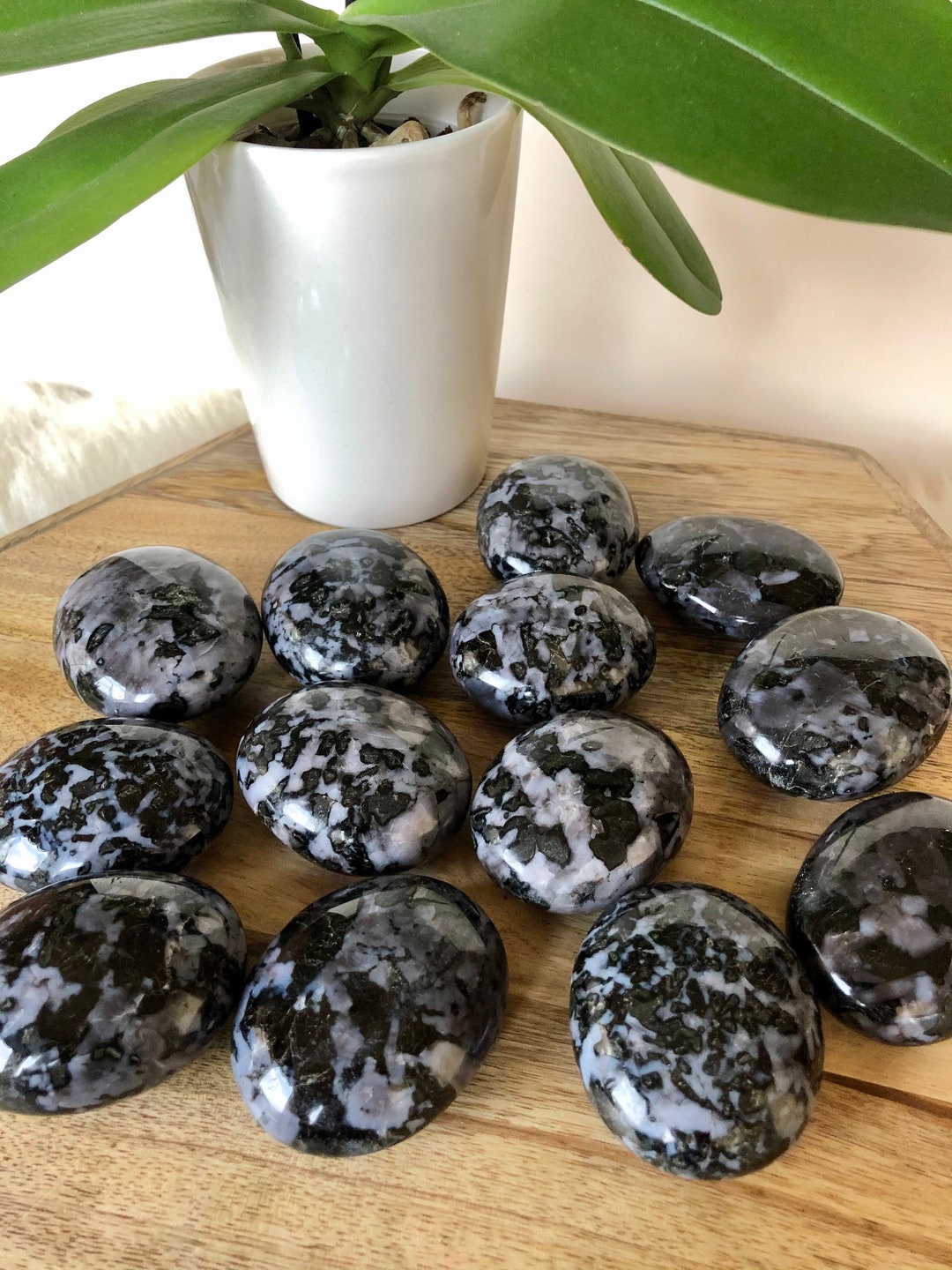 XL Indigo Gabbro Palm Stone. Mystic Merlinite Palmstone. Indigo Gabbro ...