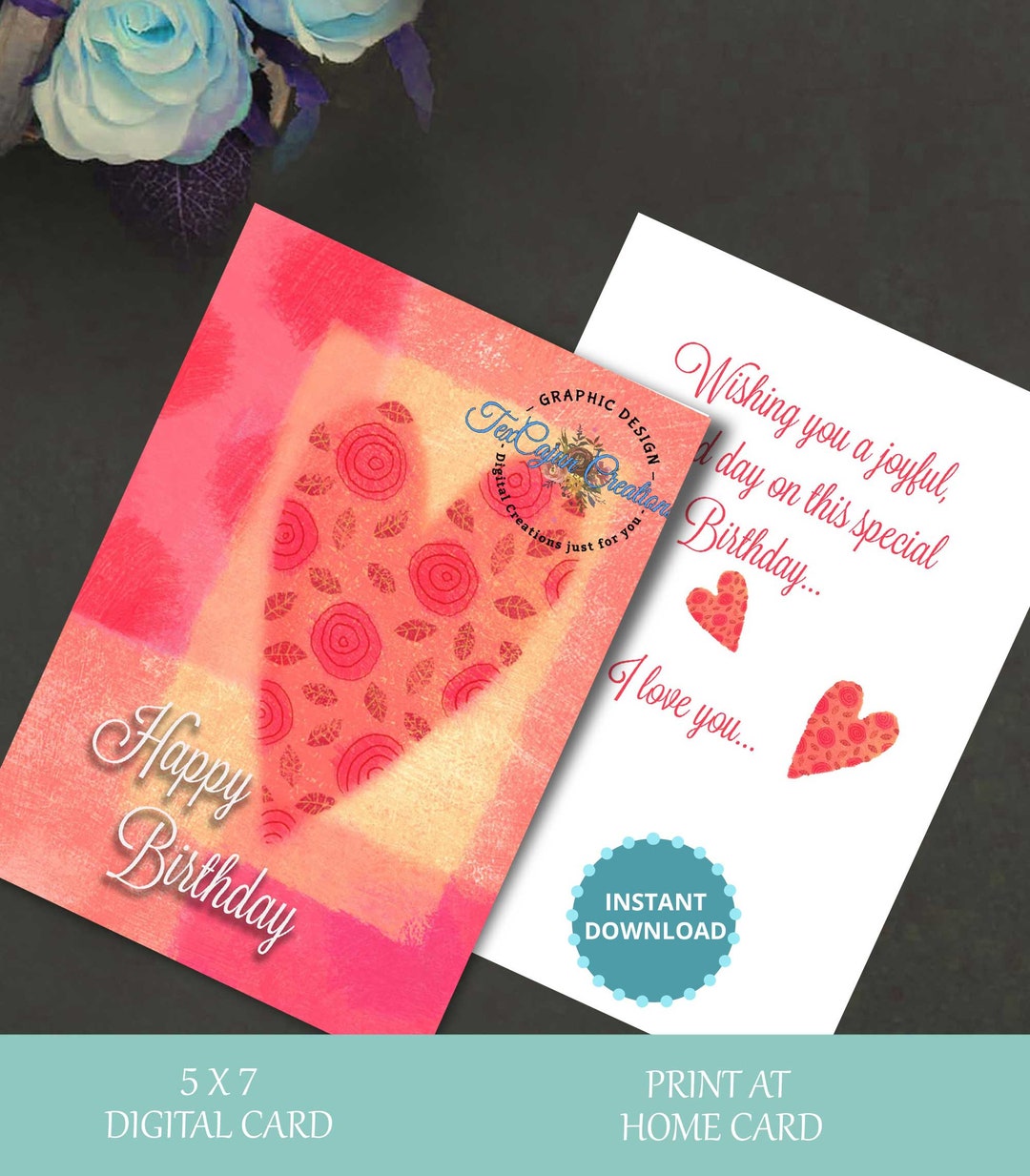 Floral Heart Birthday Card: Printable 5x7 (JPG Digital File) - Etsy