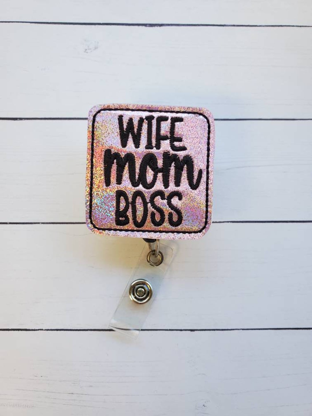 Wife Mom Boss Badge Reel, Mom Badge Holder, Girl Mom Badge, Retractable ...