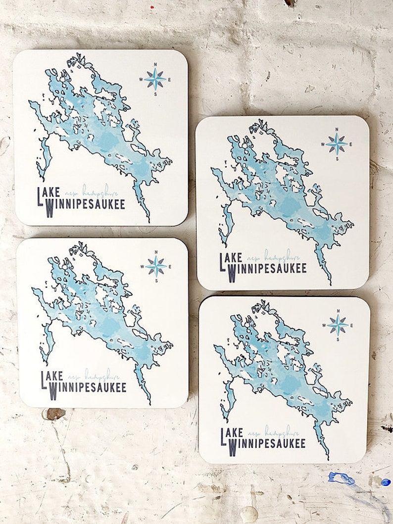 Custom Lake Map Sign 4 Coaster Set, Lake House Decor, Watercolor Lake ...