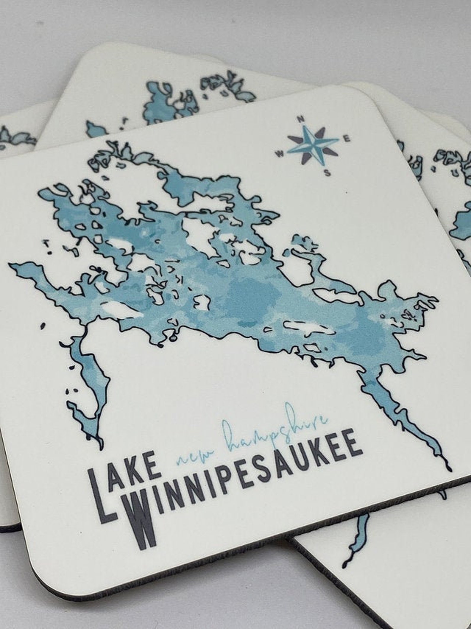 Custom Lake Map Sign 4 Coaster Set, Lake House Decor, Watercolor Lake ...
