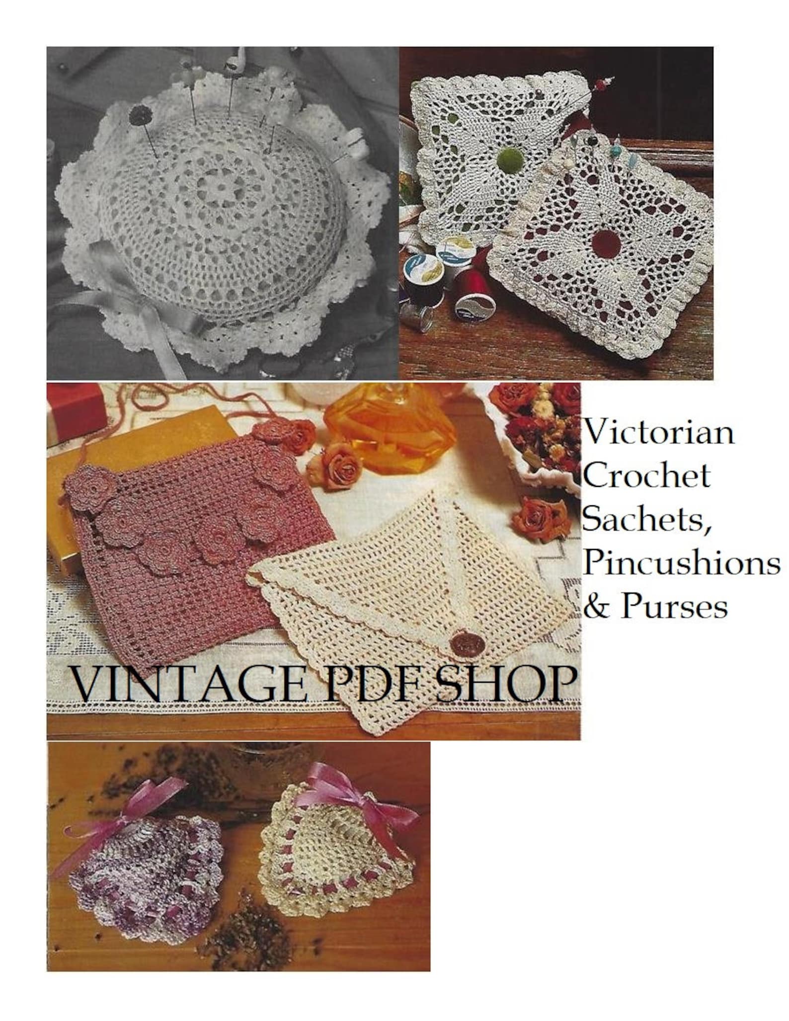 Vintage Victorian Crochet Patterns, Heart Sachets, Pincushions, Purses ...
