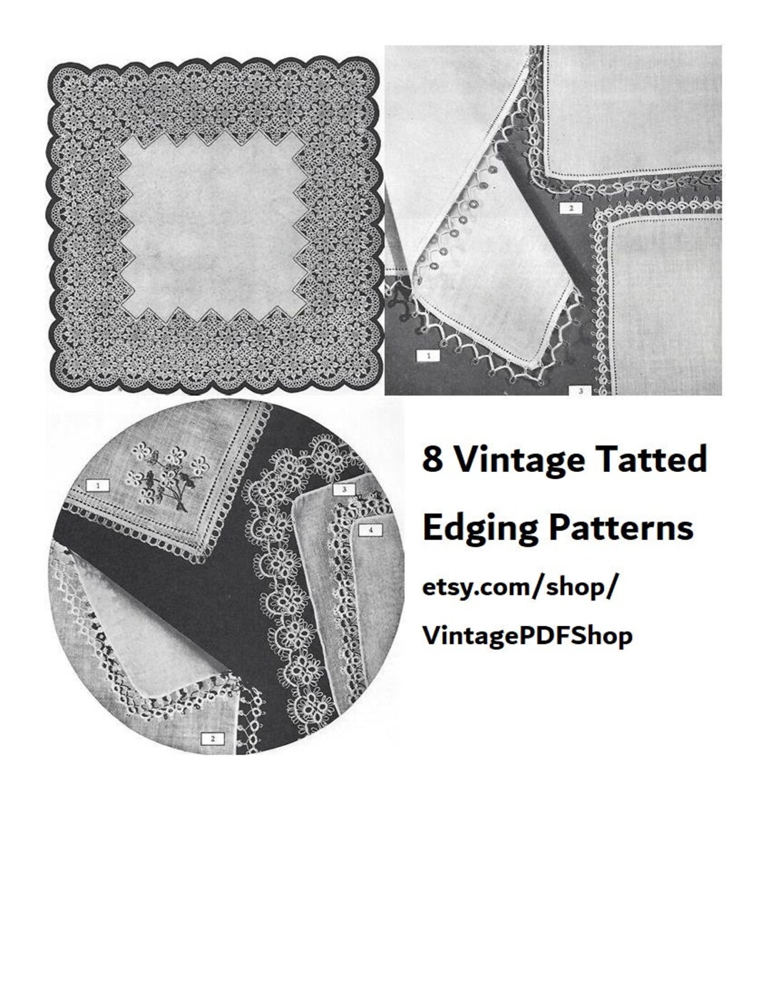 8 Vintage Tatted Handkerchief Hankie Centerpiece Edging Patterns Ebook ...