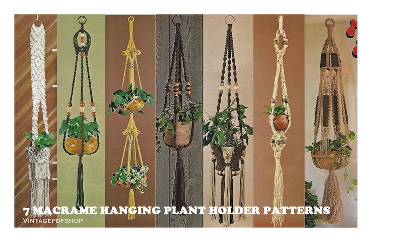 7 Vintage Macrame Hanging Plant Pot Holder Patterns 1970's -- PDF ...