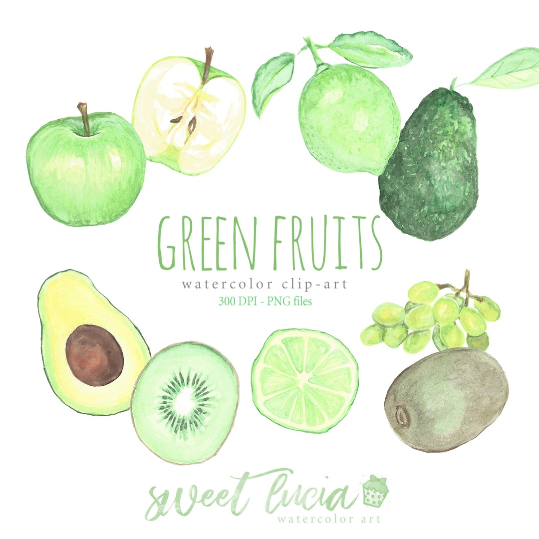 Watercolor Clip Art Green Fruit Set, Avocado, Kiwi, Apple, Grapes, Lime ...