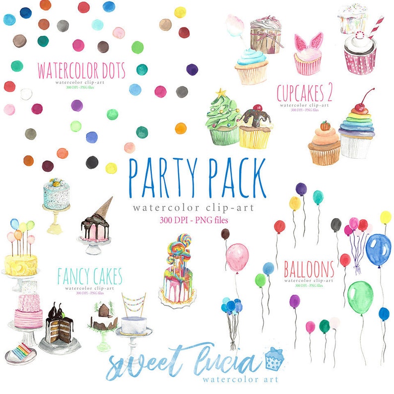 Party Watercolor Clipart Set Includes Pastry Cake Cupcakes Balloons ...