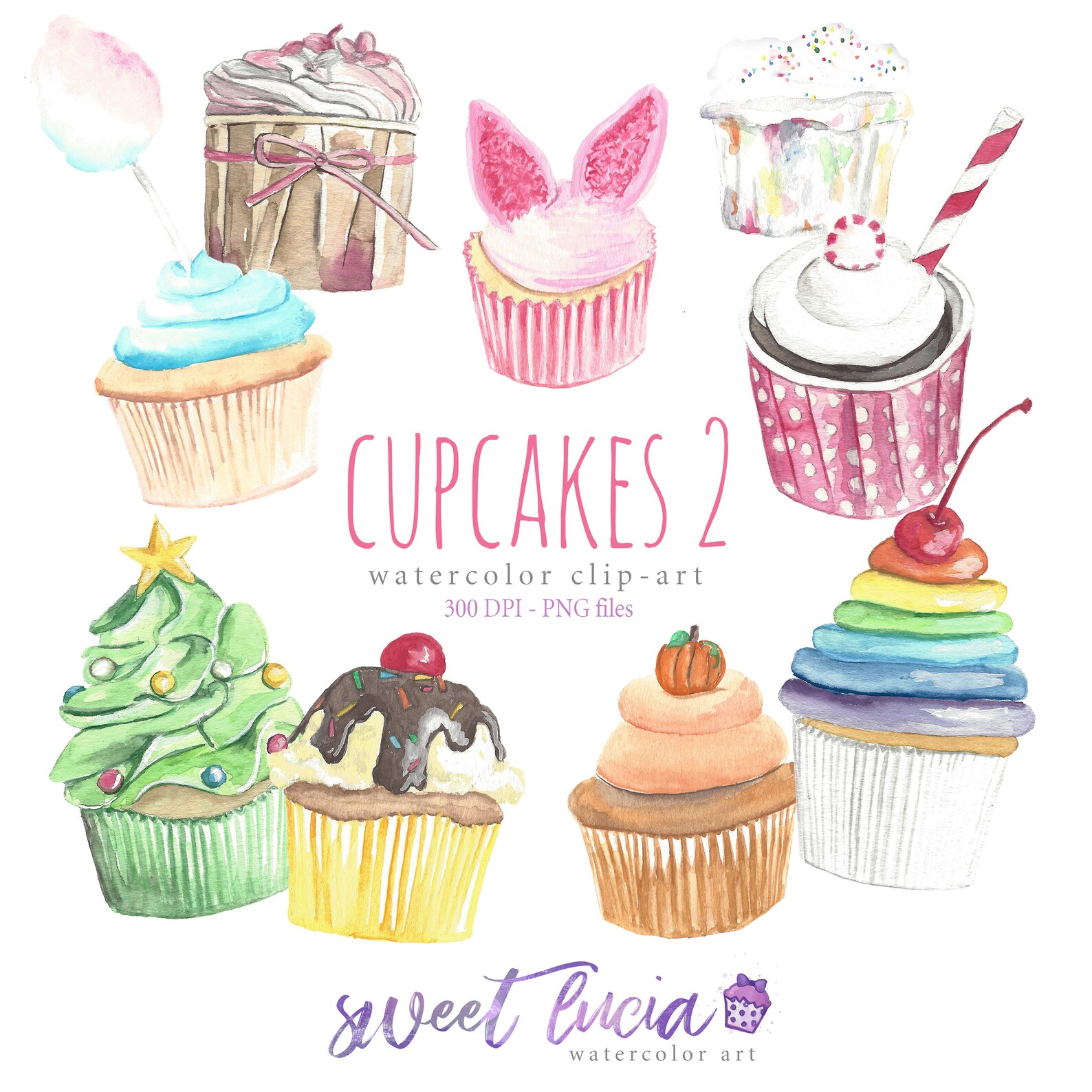 Watercolor Clip Art Cupcakes Set, Holiday, Christmas, Easter, Rainbow ...