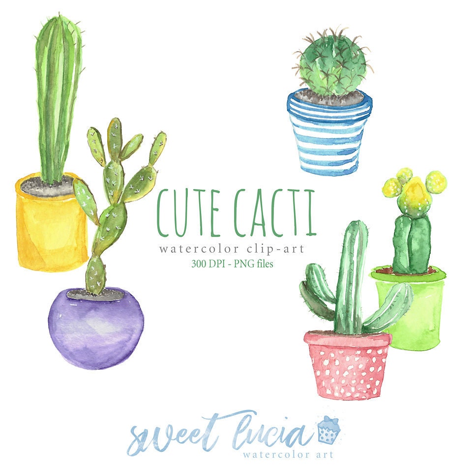 Watercolor Clip Art - Cacti, Cactus, Succulent, Potted Plant, Tropical ...