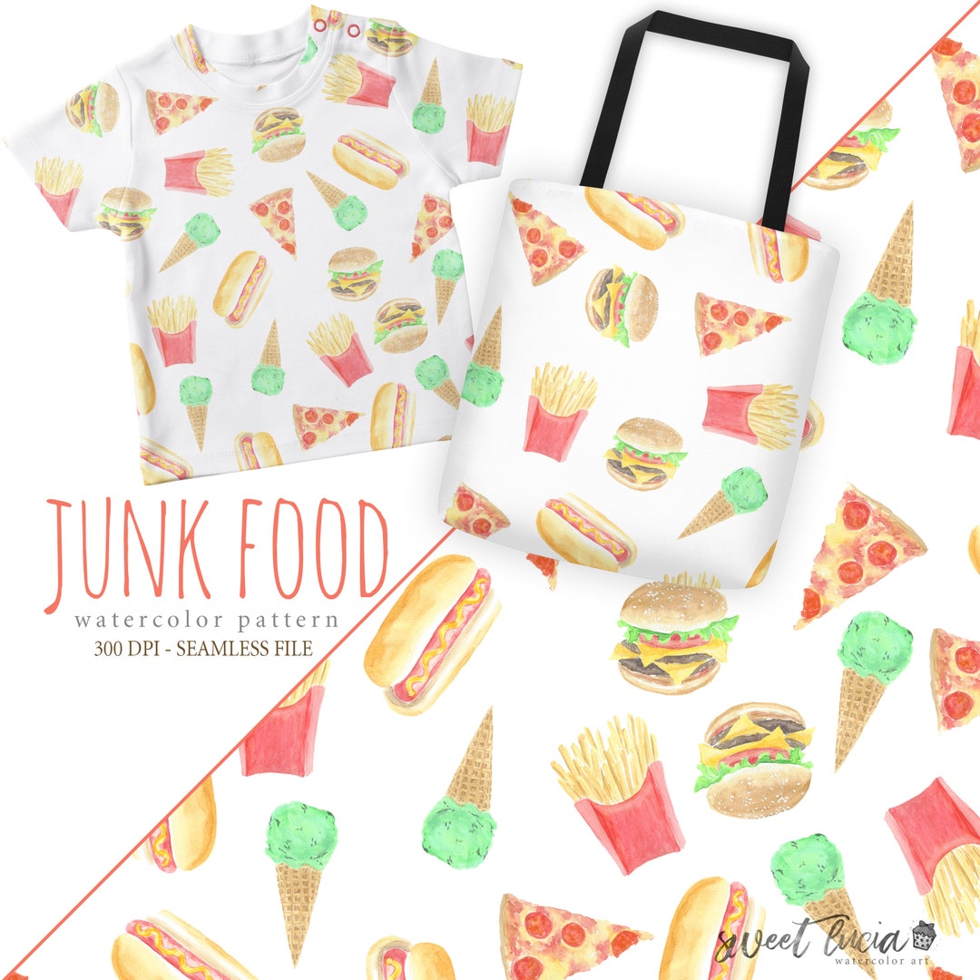 Seamless Junk Food Pattern - Watercolor Artwork Features Pizza, Burgers ...