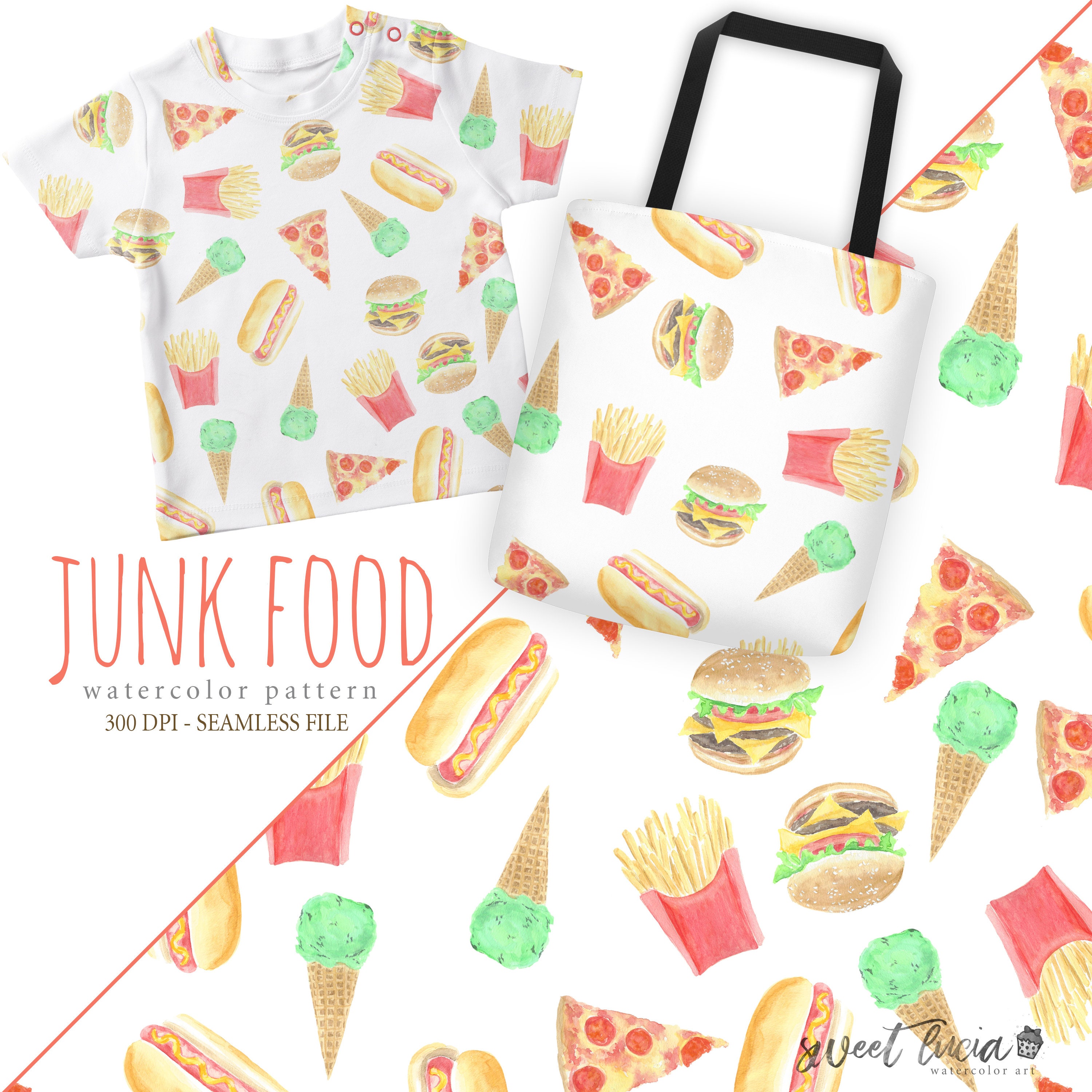 Seamless Junk Food Pattern - Watercolor Artwork Features Pizza, Burgers ...