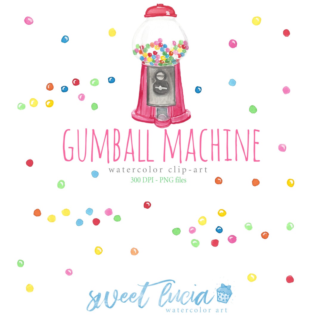 Watercolor Clip Art Gumball Machine Set, Gum, Candy, Colorful, Vintage ...