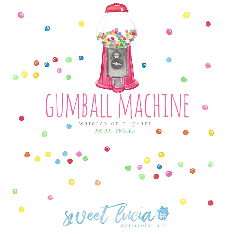 Watercolor Clip Art Gumball Machine Set, Gum, Candy, Colorful, Vintage ...