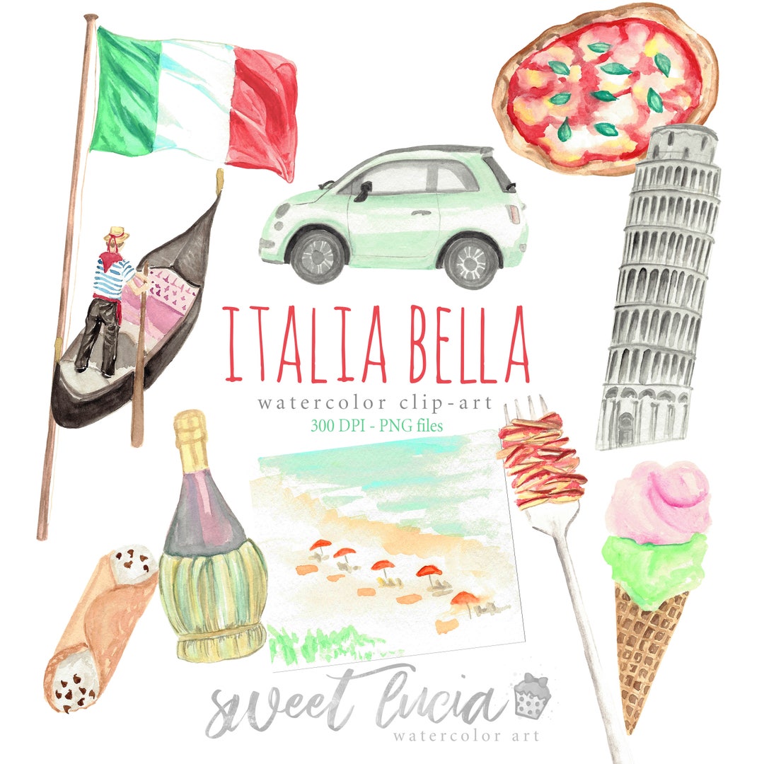 Watercolor Clip Art Italy Set, Italia, Pisa, Pizza, Gelato, Cannoli ...