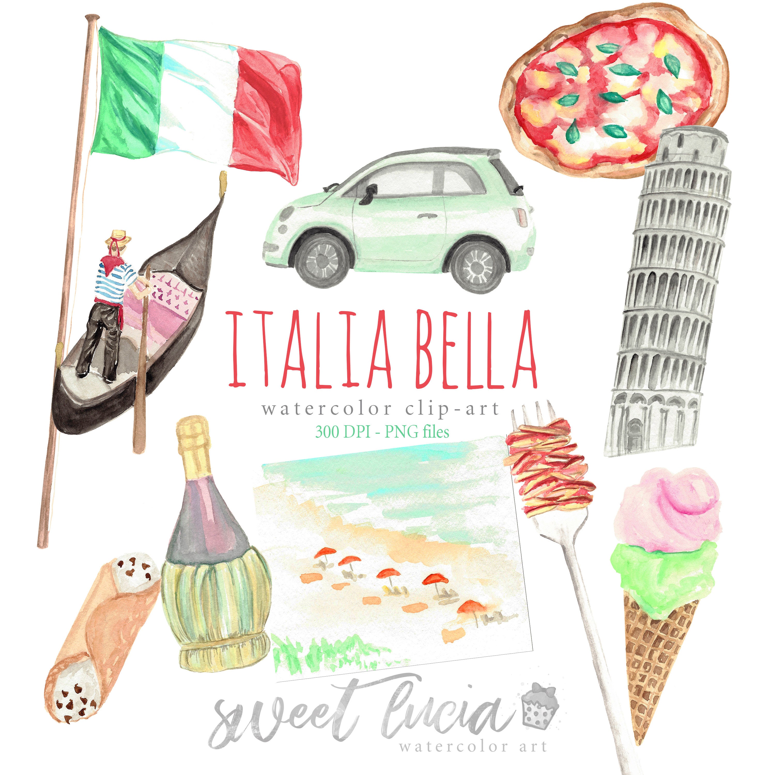 Watercolor Clip Art Italy Set, Italia, Pisa, Pizza, Gelato, Cannoli ...