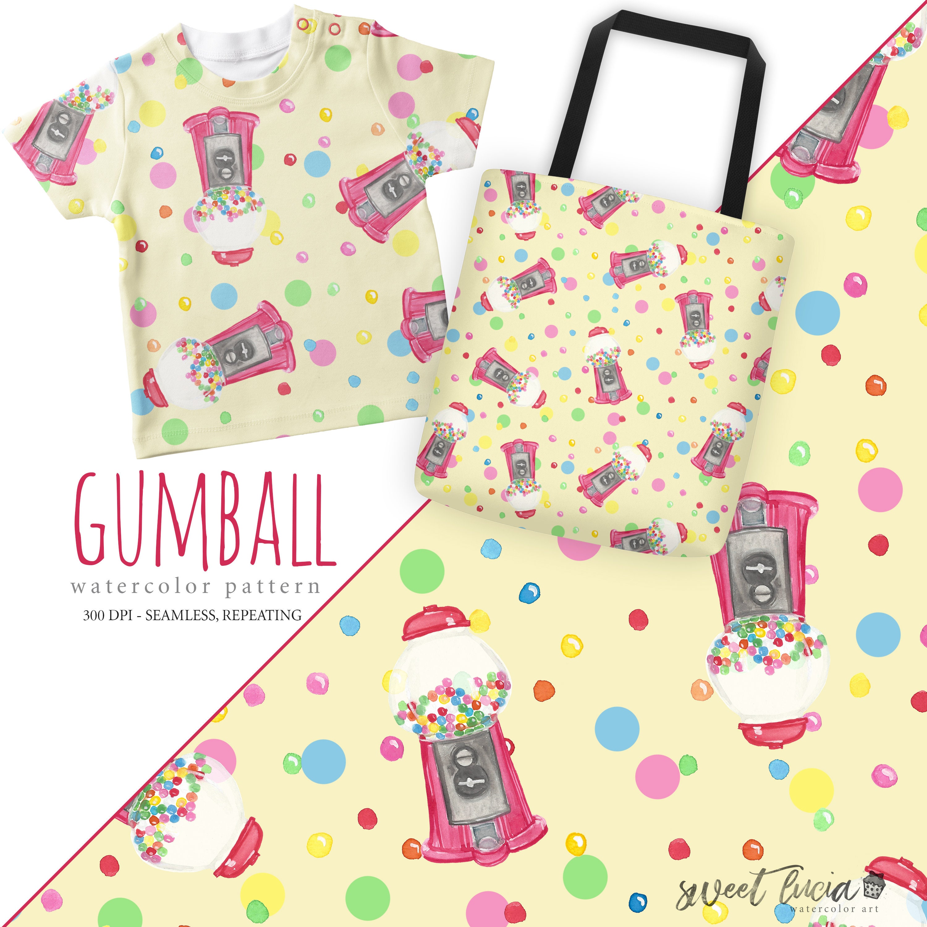 Seamless Gumball Pattern - Watercolor Artwork Features Gumball Machine ...