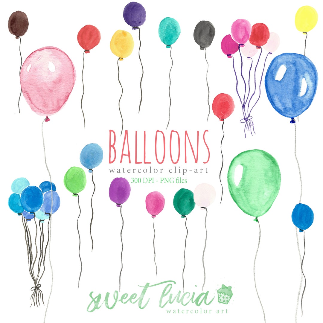 Watercolor Clip Art Balloons Set, Party, Floating, Helium, Birthday ...