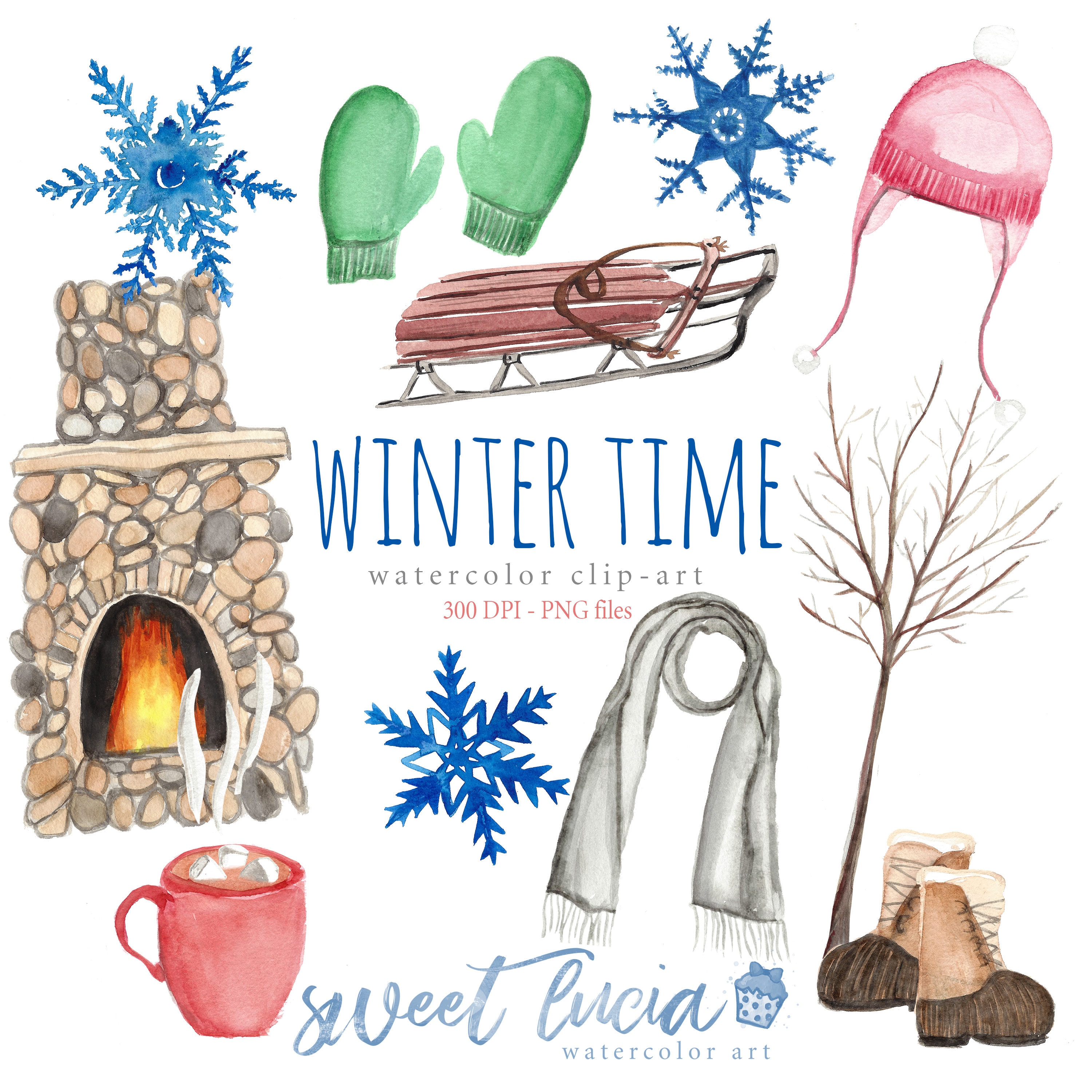 Watercolor Clip Art Winter Set, Snow, Fireplace, Seasons, Mittens ...