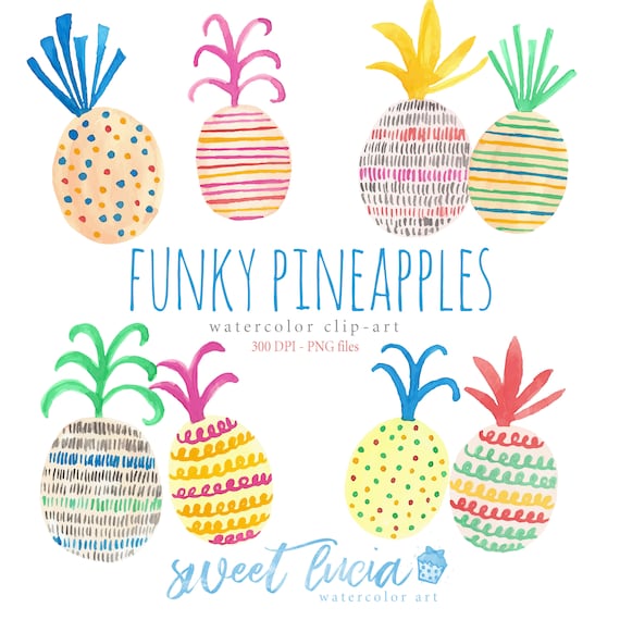 Watercolor Clip Art Funky Pineapples Fruit Fun Food | Etsy