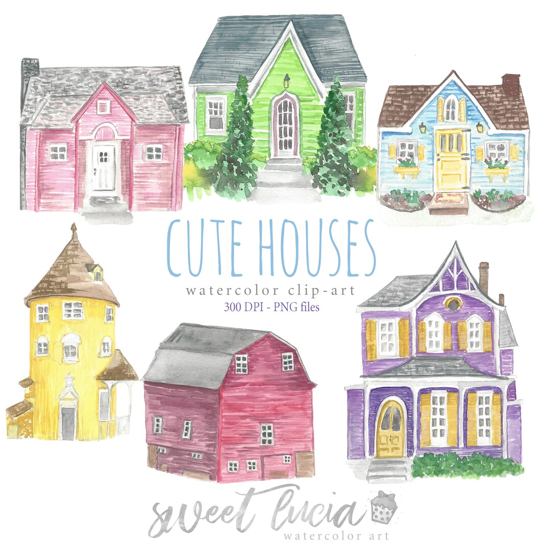 Watercolor Clip Art Houses Set, Buildings, Homes, Barn, Mansion ...