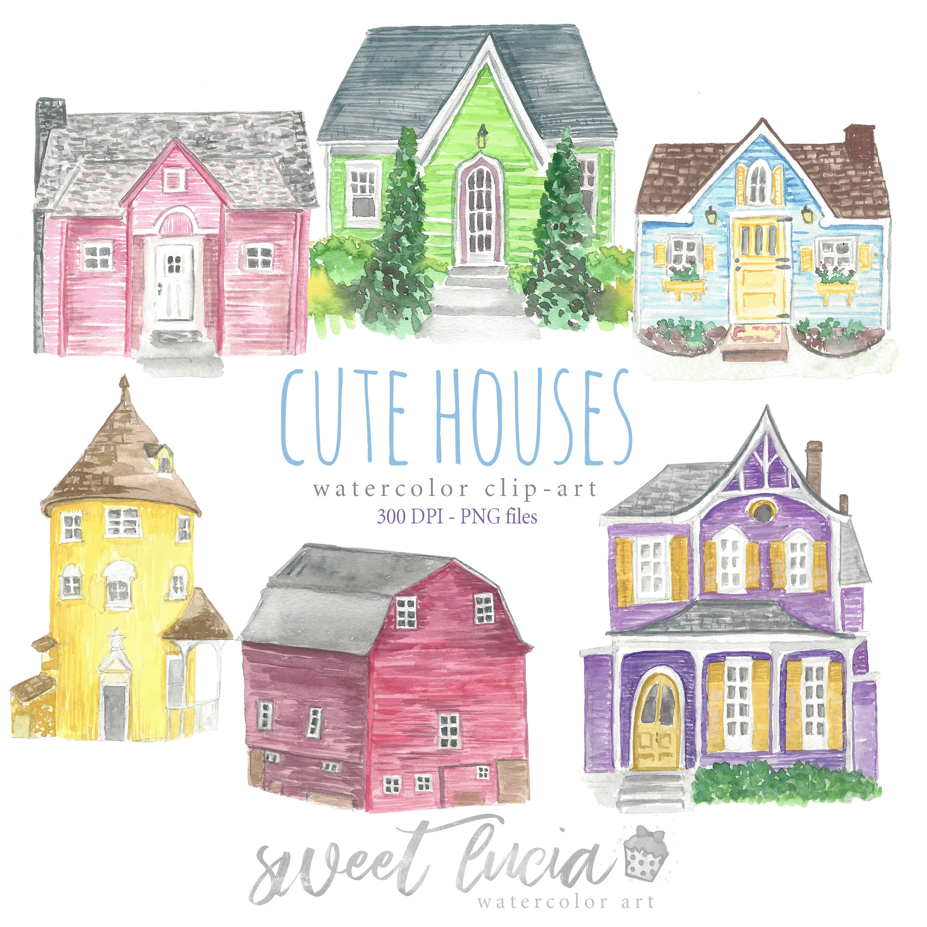 Watercolor Clip Art Houses Set, Buildings, Homes, Barn, Mansion ...