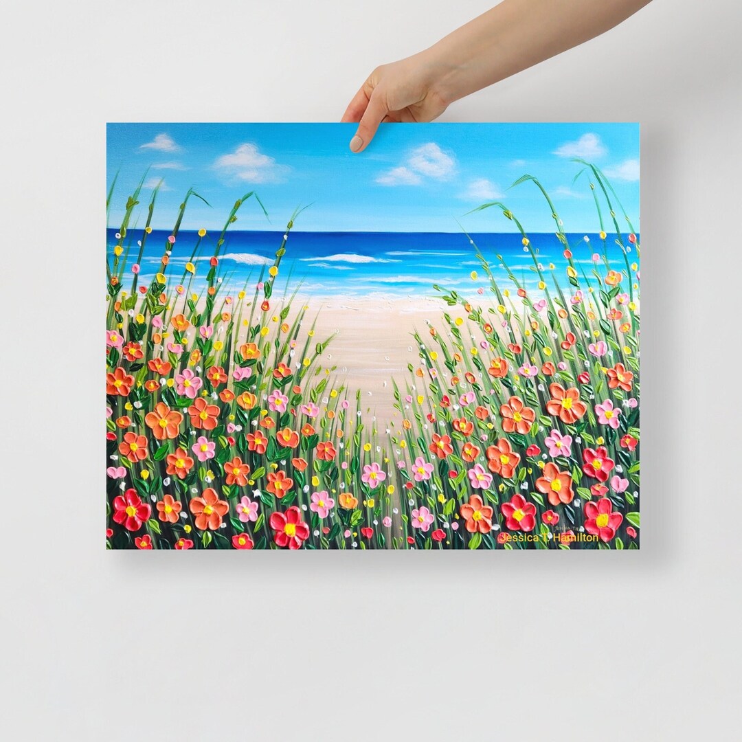 Ocean Seascape Art Print: Orange Flowers, Coastal Beach Decor - Etsy