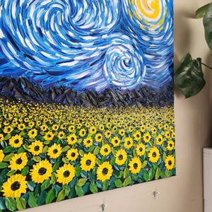 Starry Sunflower Field, Blue Sky Original Oil Painting 3D Textured ...