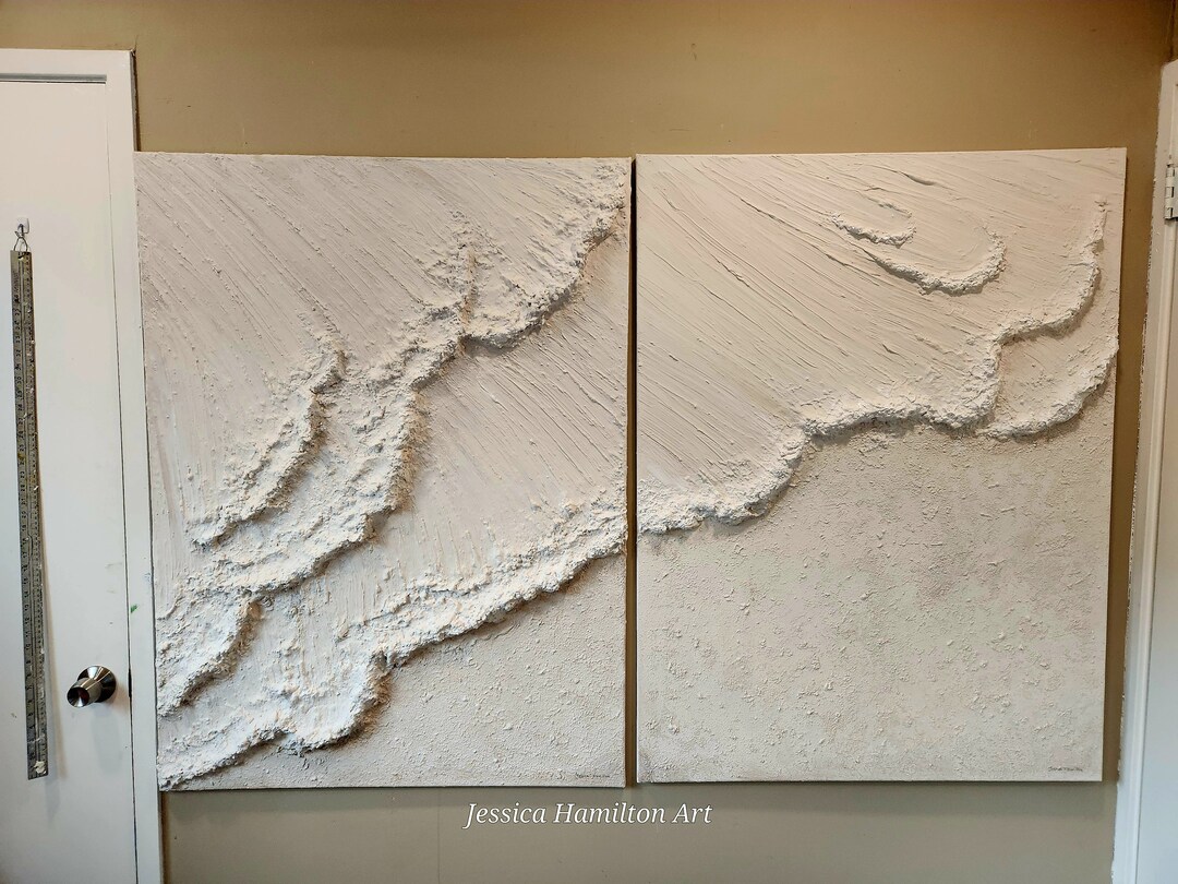 Set of Two Beach Ocean Waves Painting, Textured Plaster 3D Waves on ...