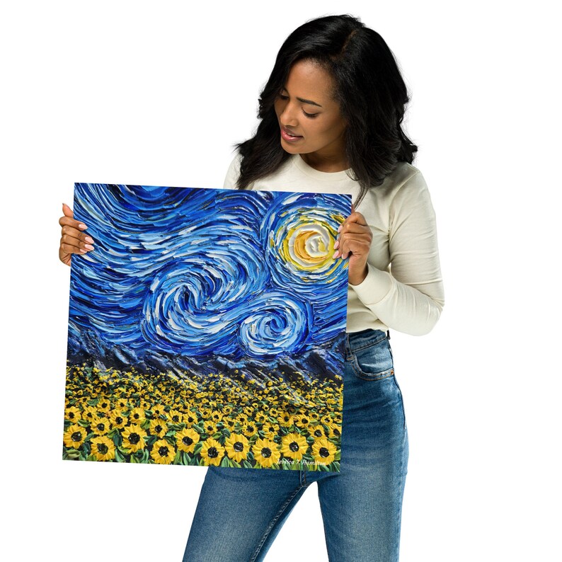 Blue Starry Night Sunflower Field Art Print: Van Gogh Inspired Giclée ...