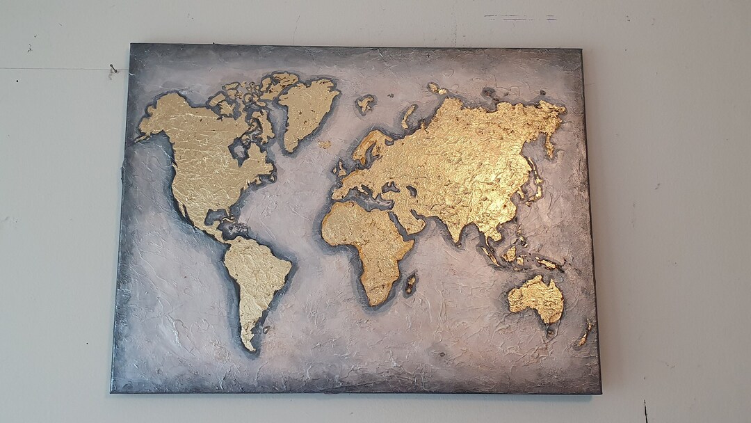 Gold Leaf World Map Painting: Textured Acrylic Canvas Art - Etsy