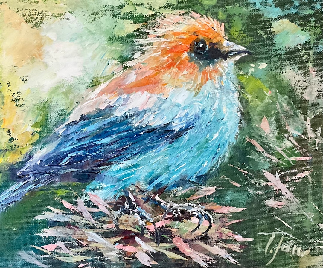 Bird Painting, Original Oil Painting on Stretched Canvas, Colorful Bird ...