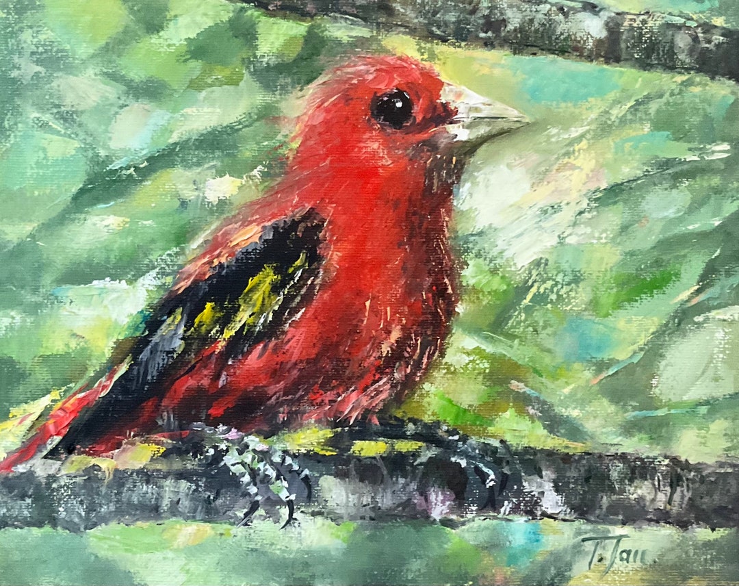 Colorful Bird Painting, Original Oil on Stretched Canvas, Hand Painted ...