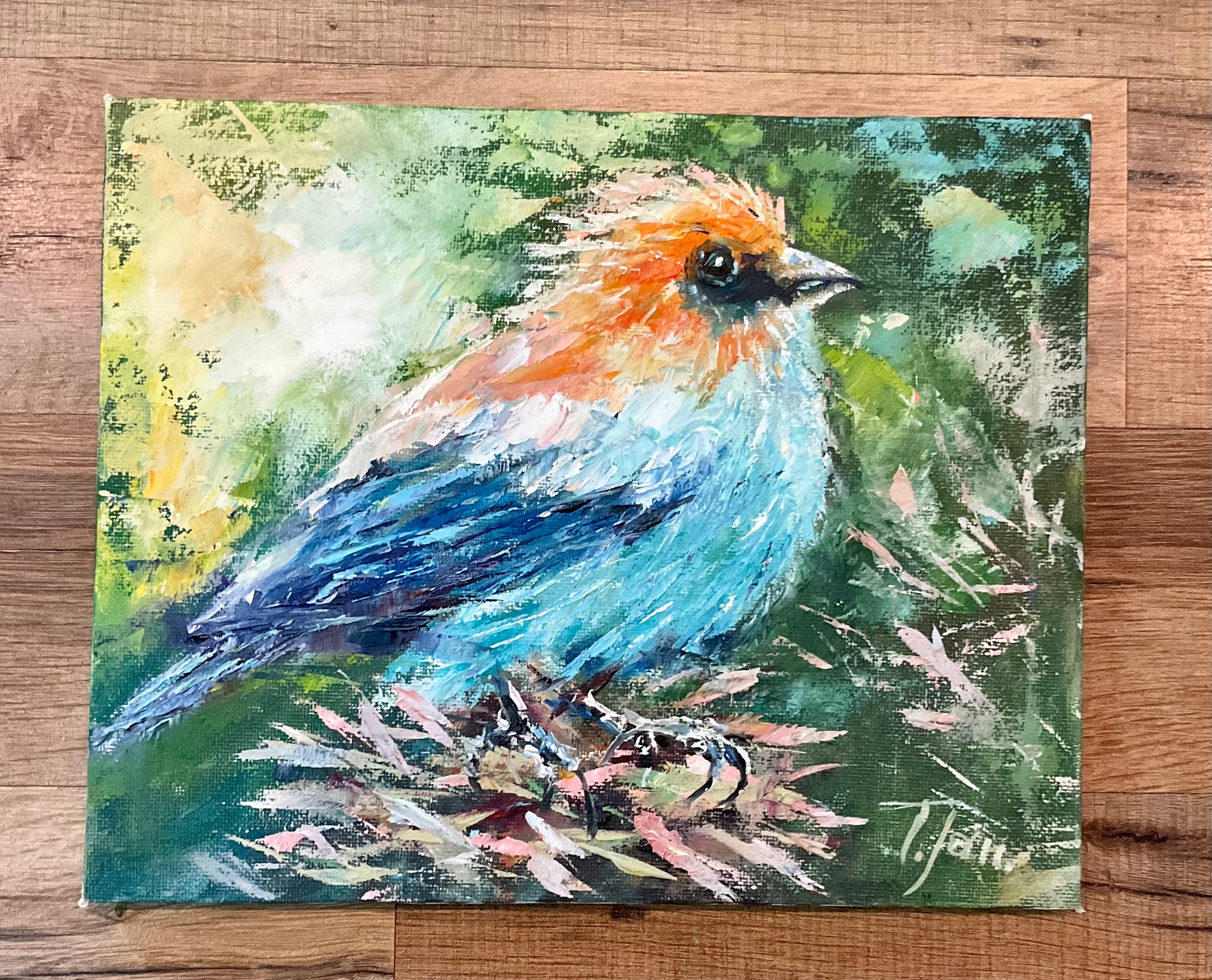 Bird Painting, Original Oil Painting on Stretched Canvas, Colorful Bird ...
