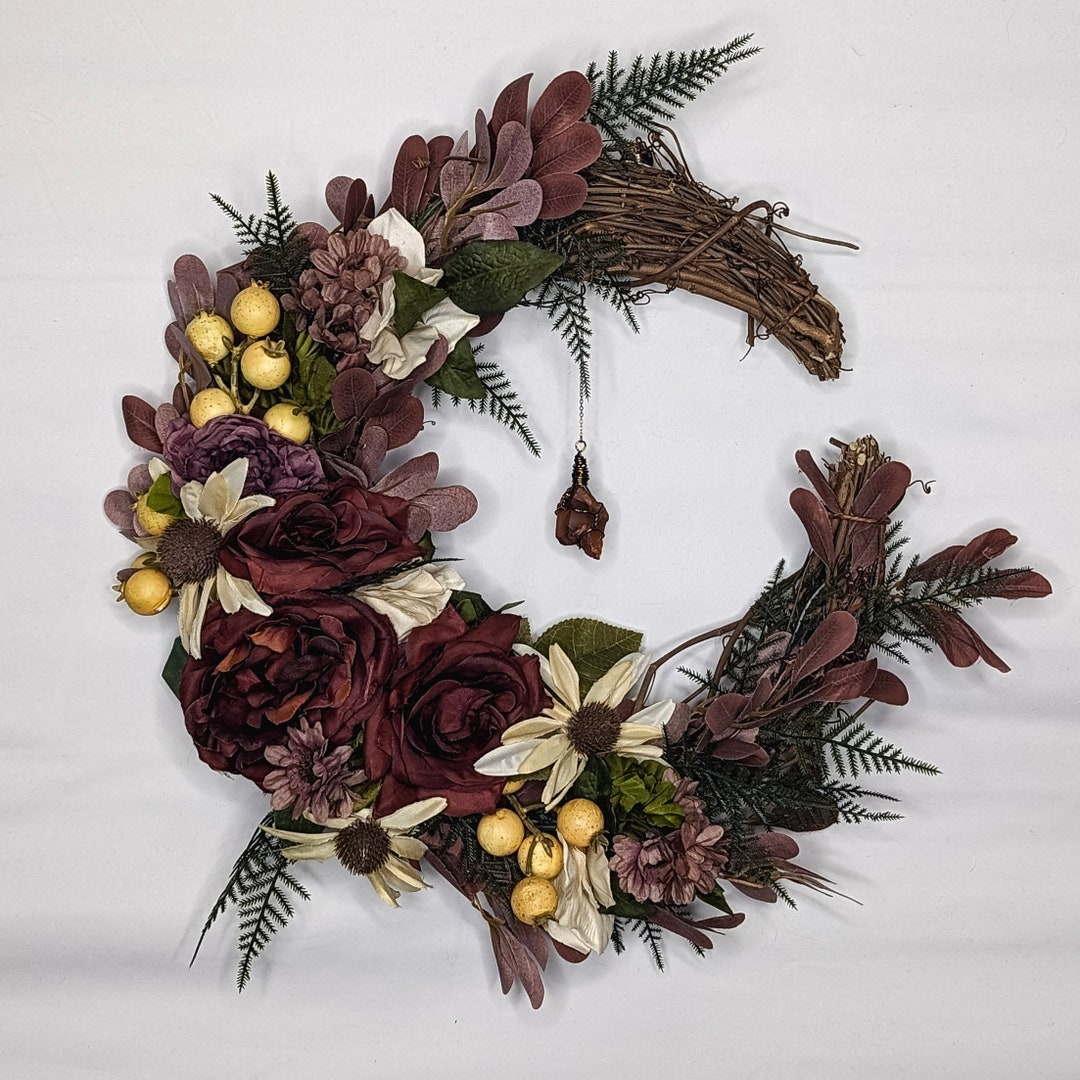 Burnt Umber Crescent Moon Wreath | Rose, Coneflower, Fern | Maroon ...