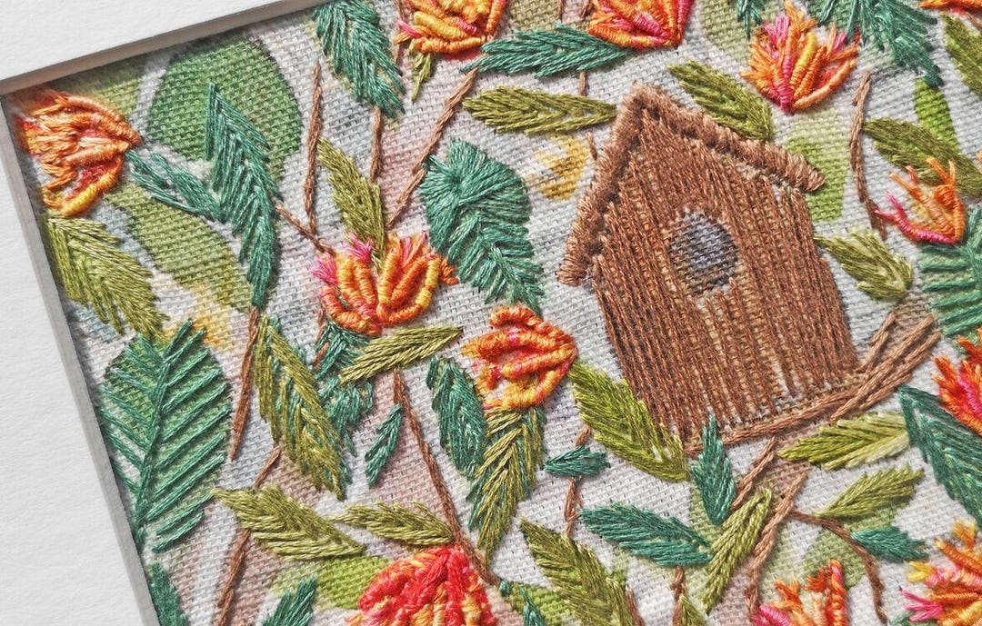 Birdhouse Embroidery Panel, Contemporary Botanical Hand Needlework Design, Crewel Project ...