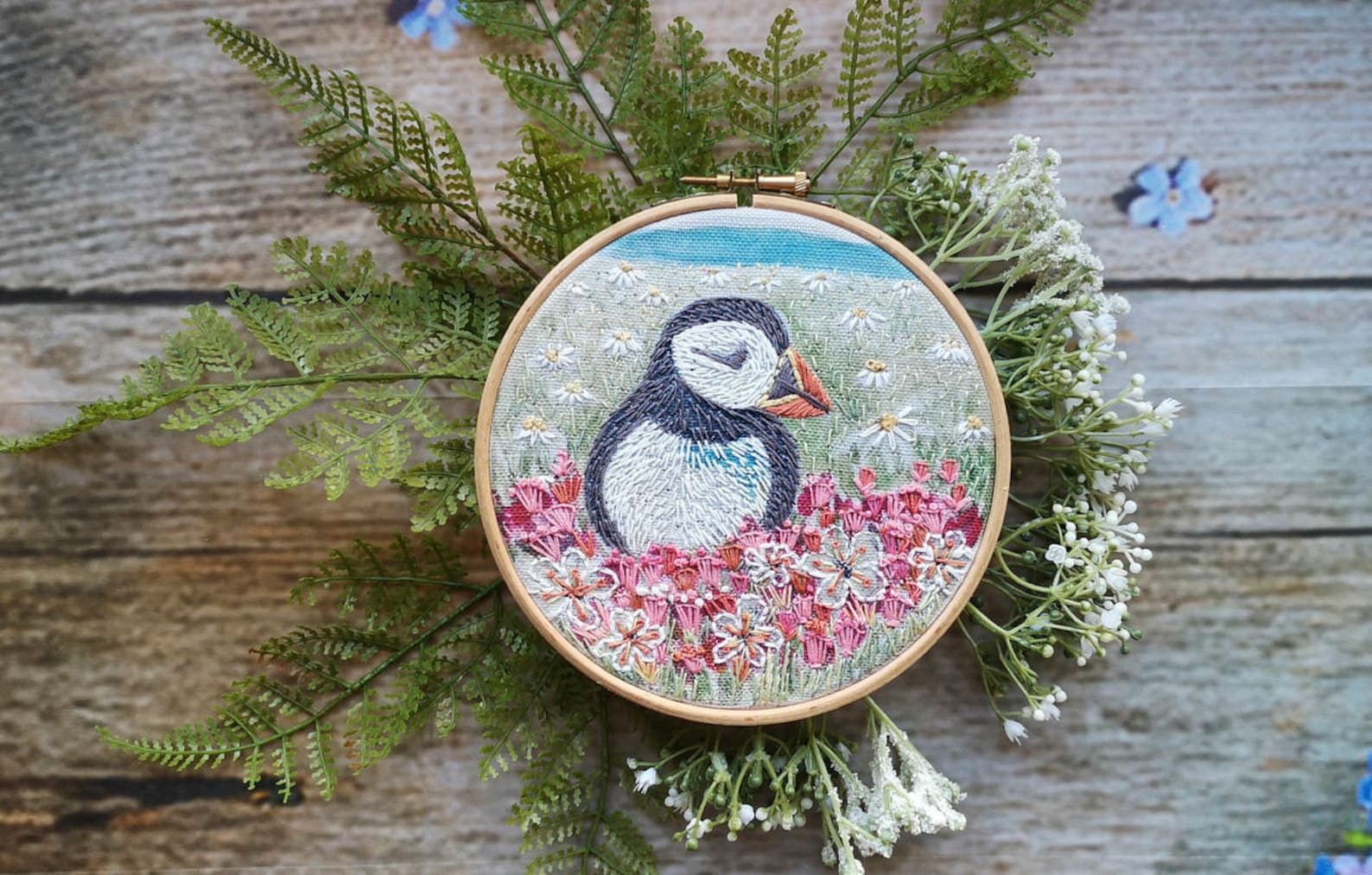 Puffin Embroidery Pattern on Linen - Etsy UK