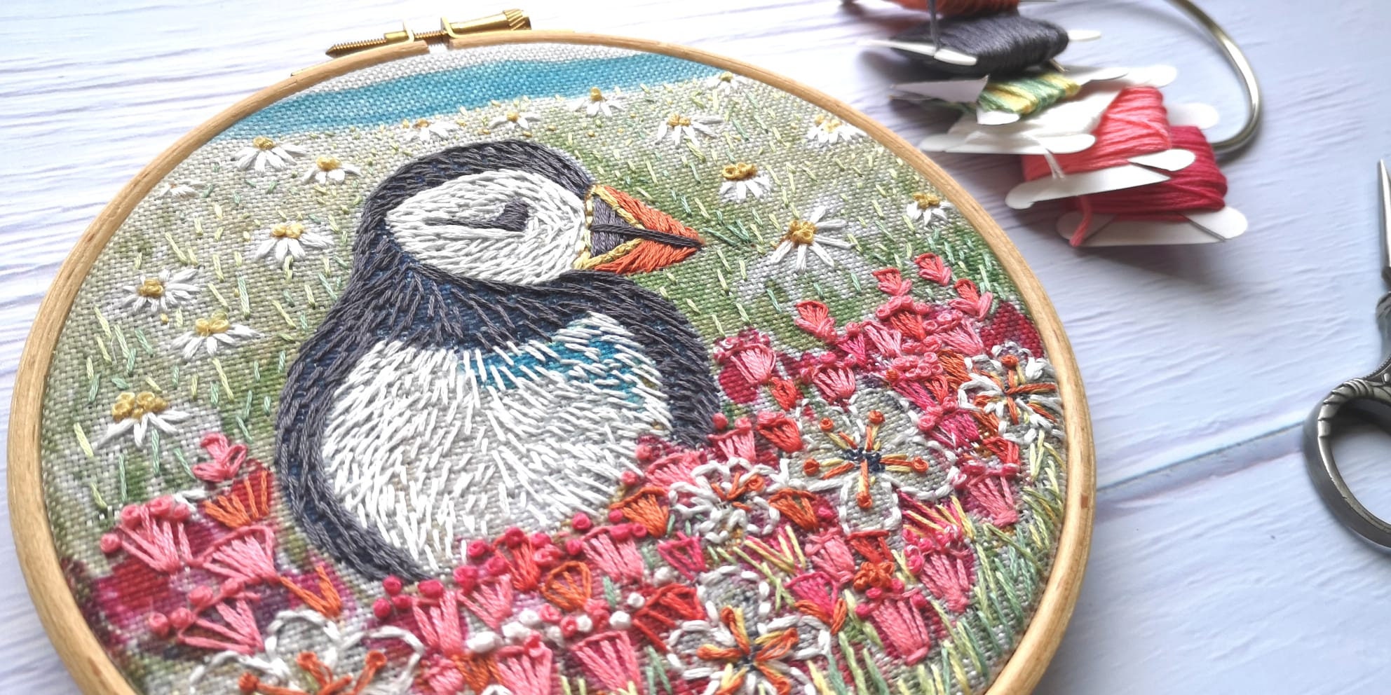 Puffin Embroidery Pattern on Linen - Etsy UK