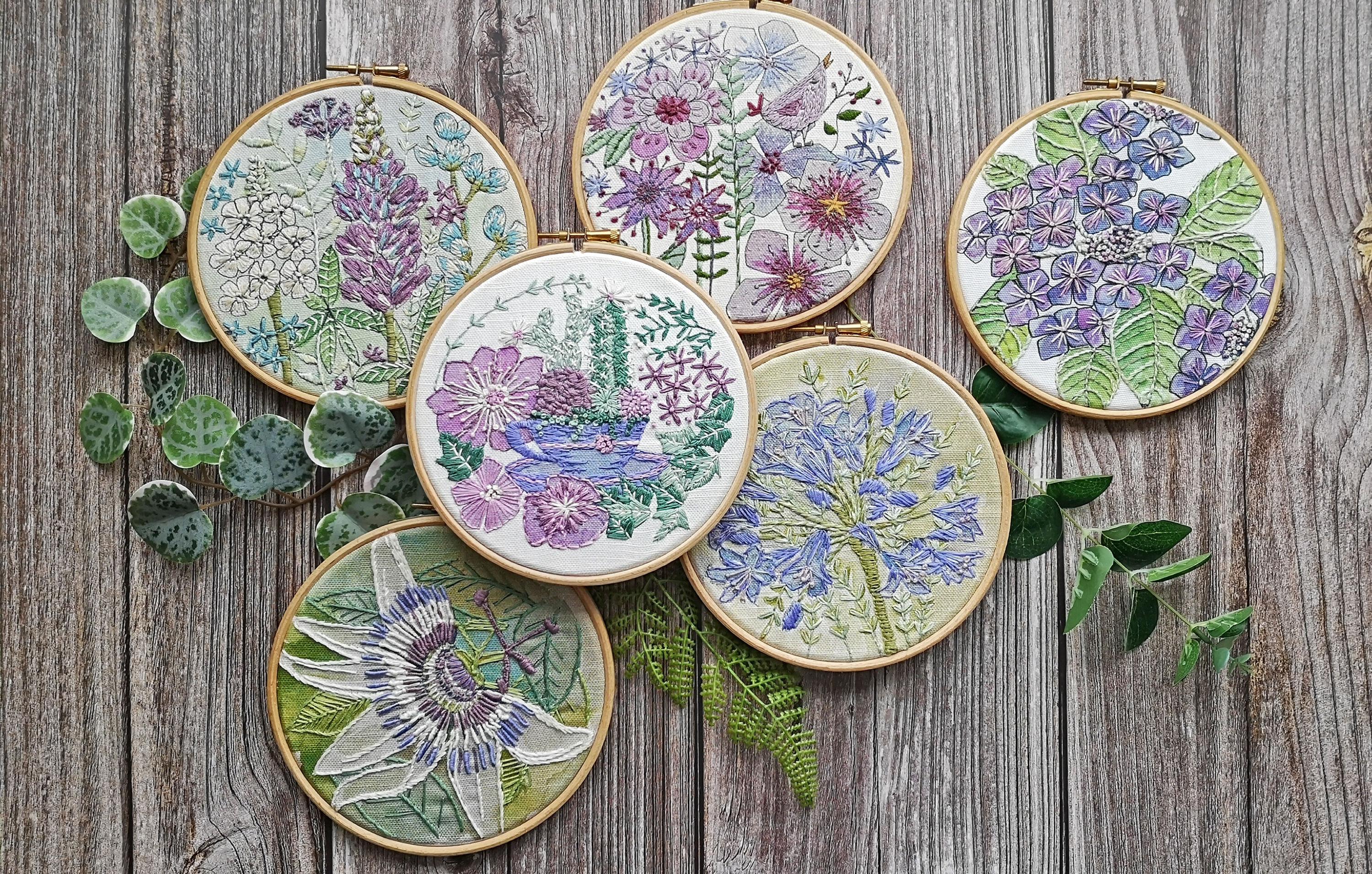 Botanical Linen Embroidery Patterns: Floral Needlepoint Designs - Set ...
