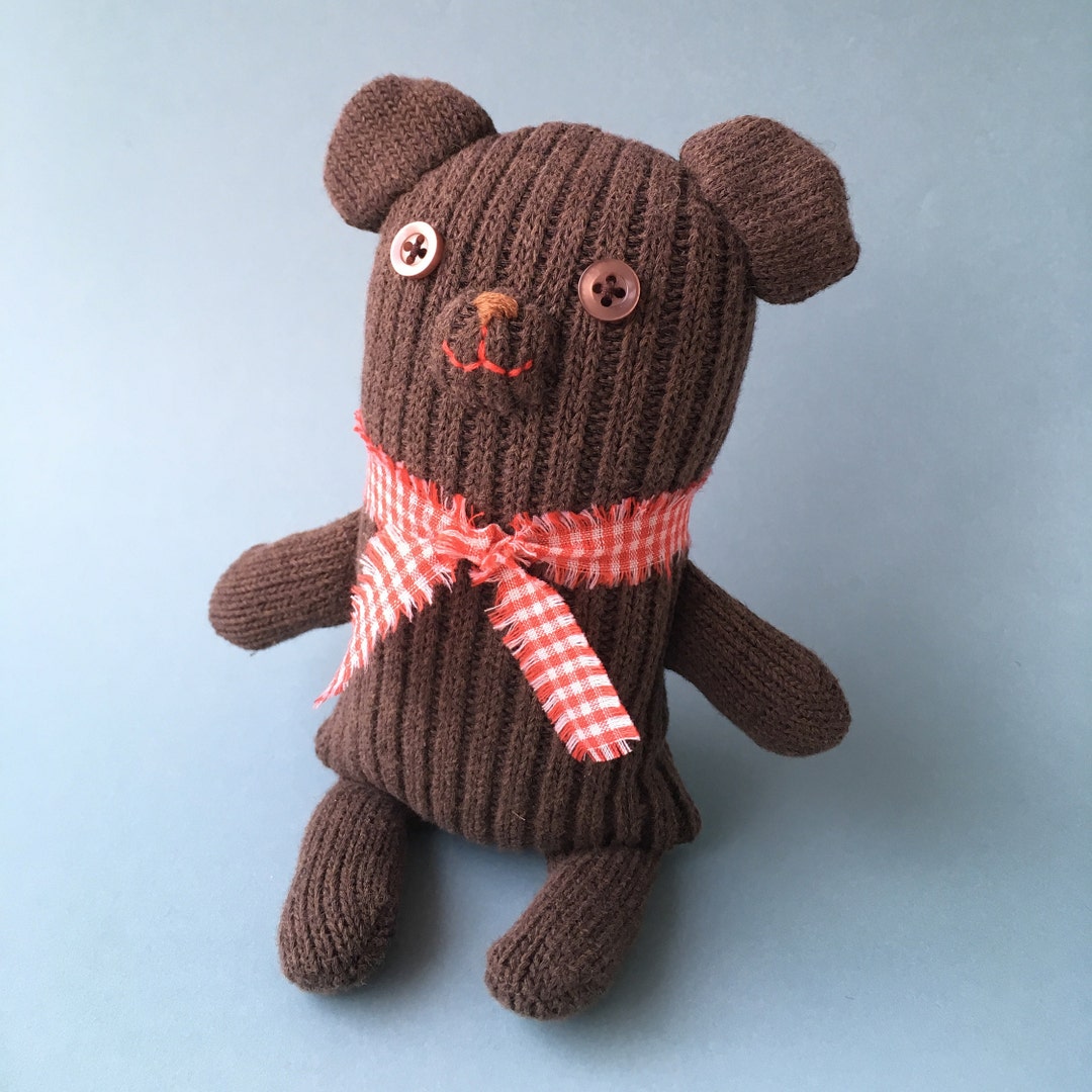 Brown Stuffed Bear With Red Checker Scarf - Sock Animal - Organic ...