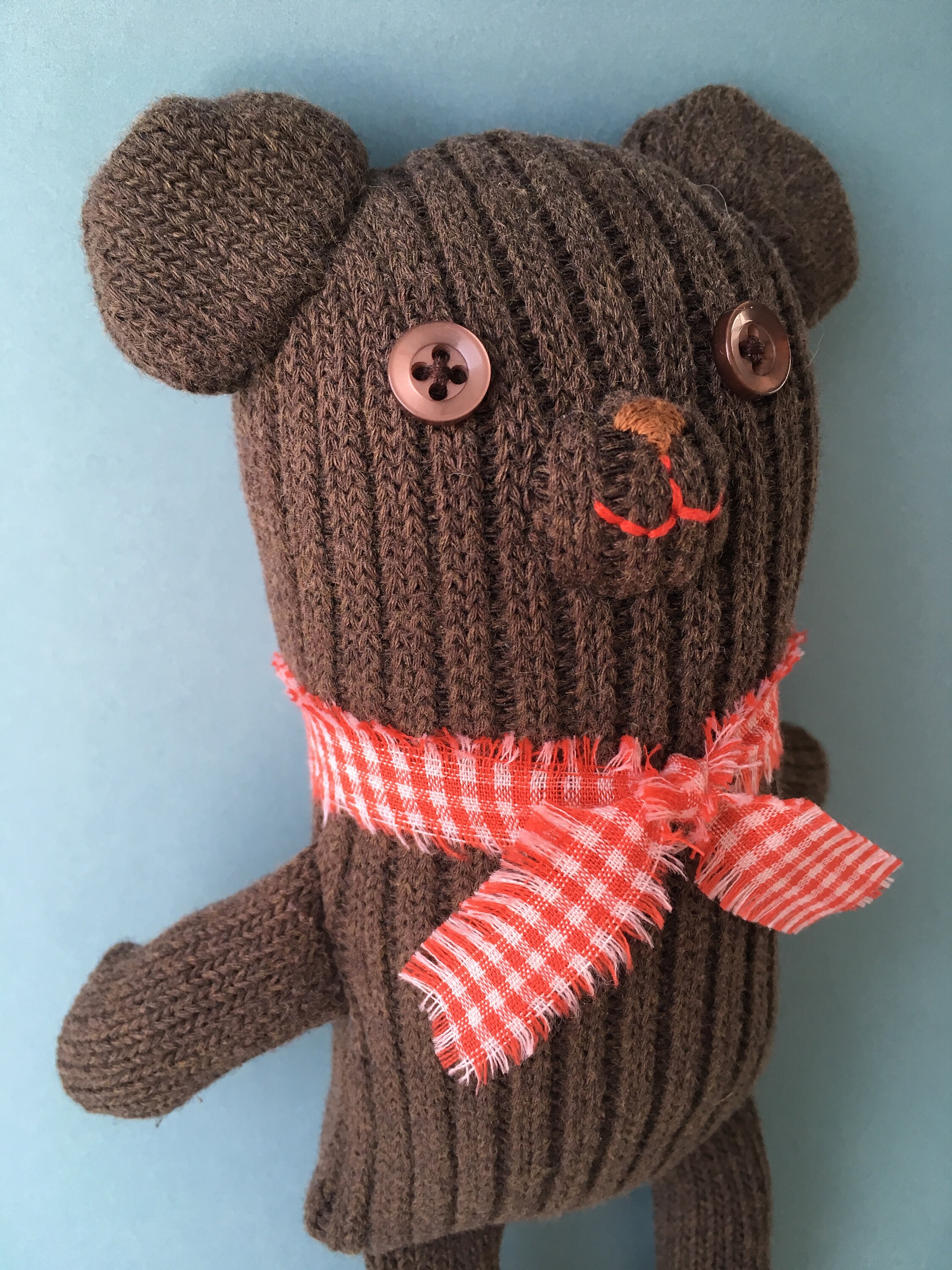 Brown Stuffed Bear With Red Checker Scarf - Sock Animal - Organic ...