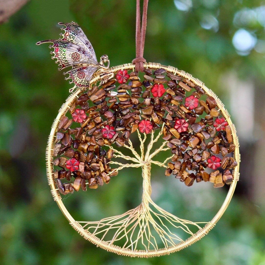 Praying Fairy on Tiger’s Eye Beaded Tree of Life Decor, Dreamcatcher ...