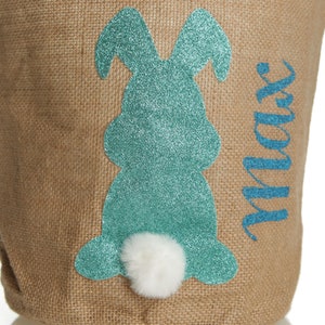 Personalised Natural Burlap Easter Bag With Blue Glitter Trim and Blue ...