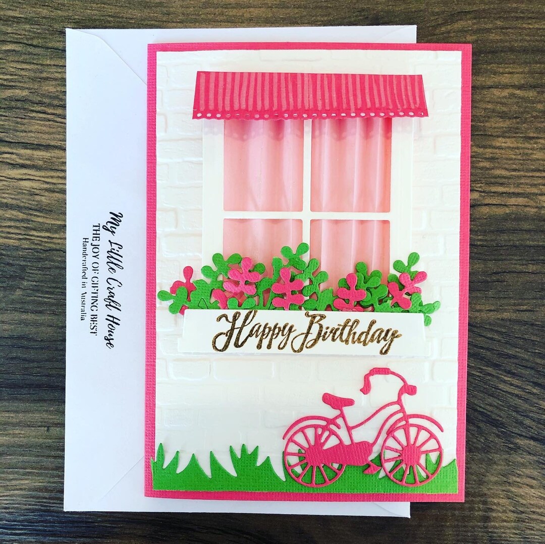 Happy Birthday Greeting Card. Window With Awning. Flower Box. Brick ...