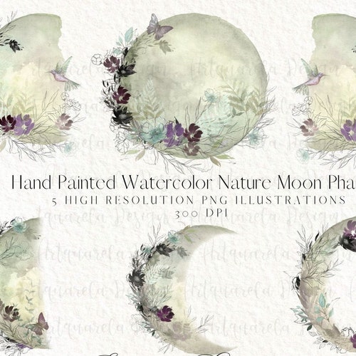 Moon Phases Clipart Watercolor Nature and Greenery Moon | Etsy