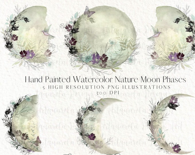 Watercolor Moon Phases/small Set/individual PNG Files/hand Painted ...
