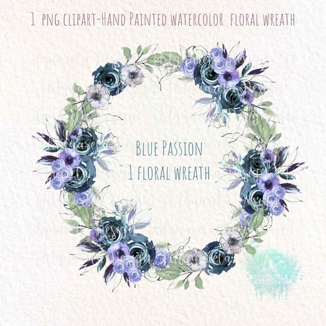 Blue Floral Wreath Clipart, Watercolor Flower Frame (PNG) - Etsy