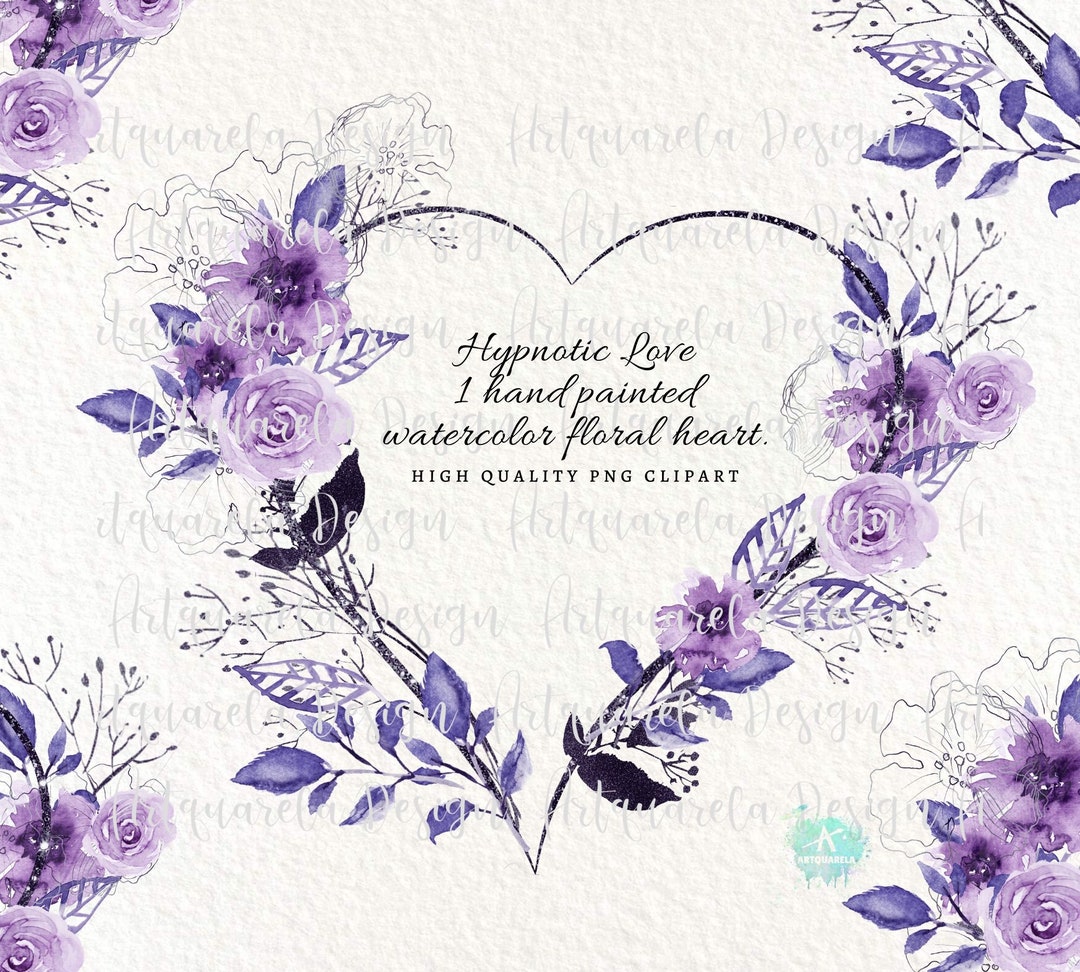 Watercolor Floral Heart Clipart: Purple Violet Flowers (PNG, Vector ...