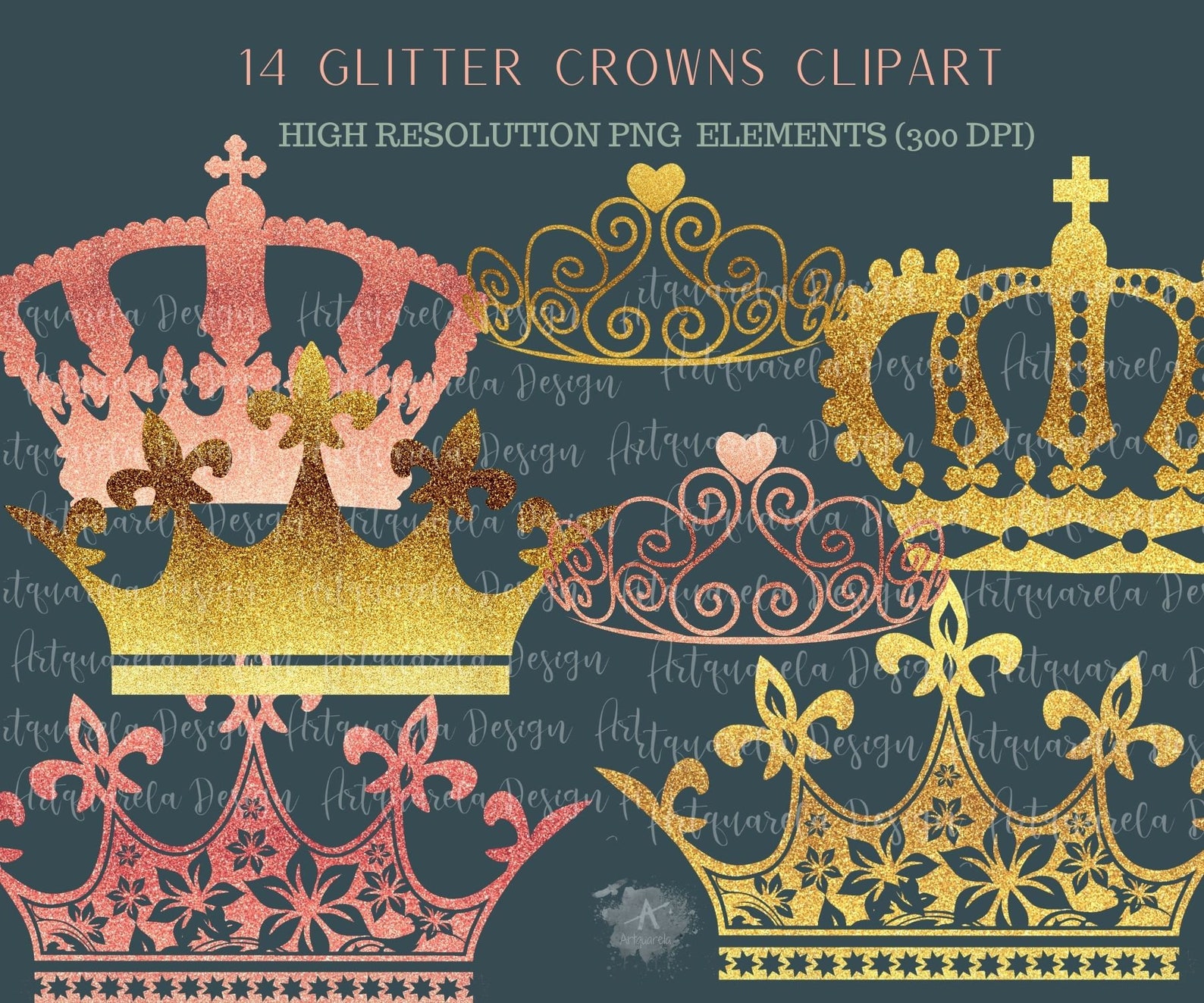 Rose Gold Foil and Gold Glitter Crown Clip Art Graphics Jewel - Etsy