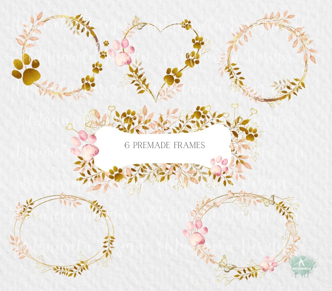 Paw Print Clipart Setcat Dog Paw Frame Watercolor & Gold Foil - Etsy