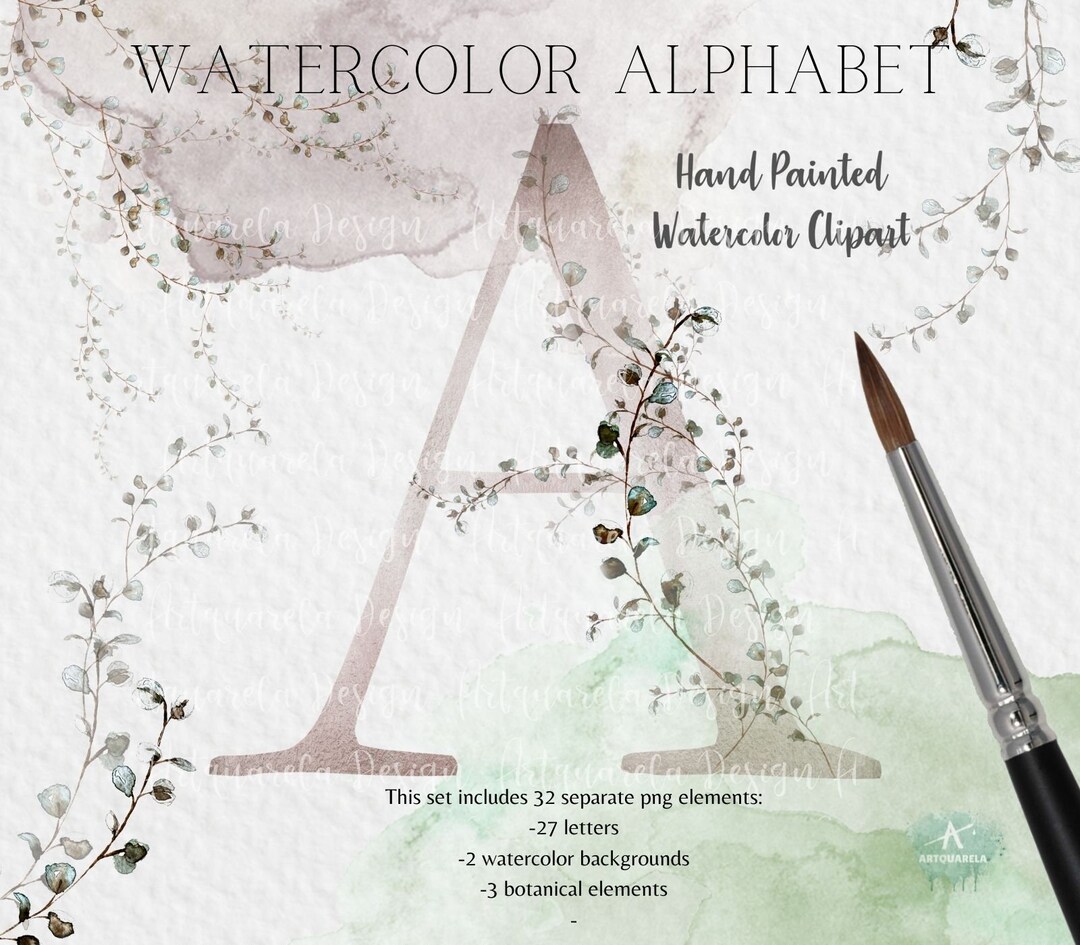 Alphabet Clipart Set, Watercolor Initials With Eucalyptus, Watercolor ...