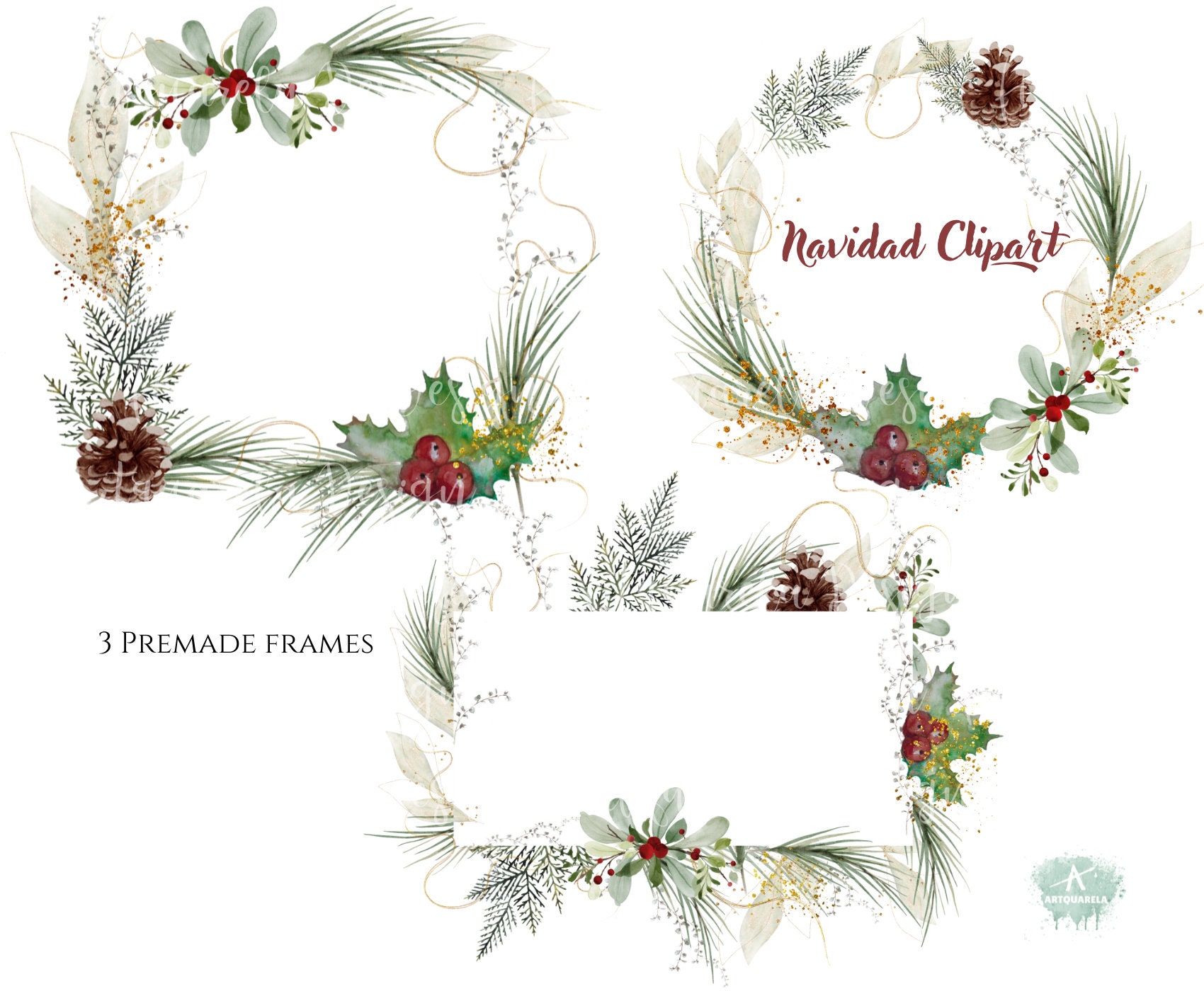 Watercolor Christmas Frames PNG Arrangements Clipart Wreath - Etsy